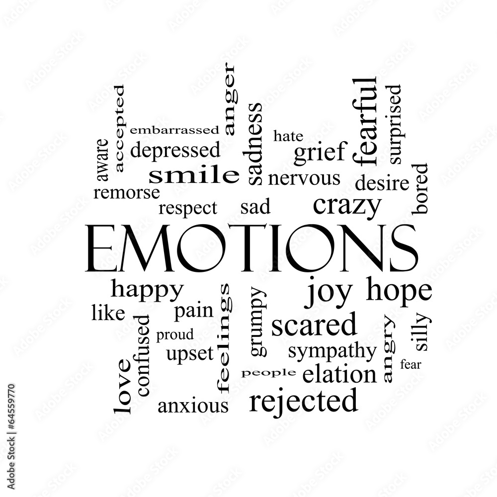 Emotions Word Cloud Concept in black and white Stock Illustration ...