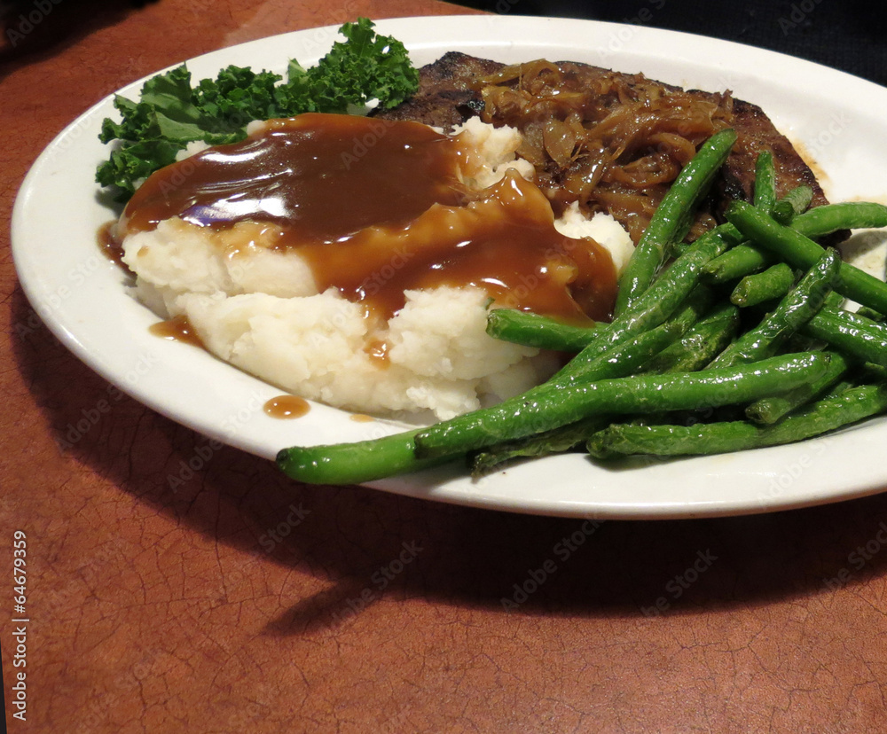 Liver with Mashed Potatoes and Green Beans Stock Photo | Adobe Stock