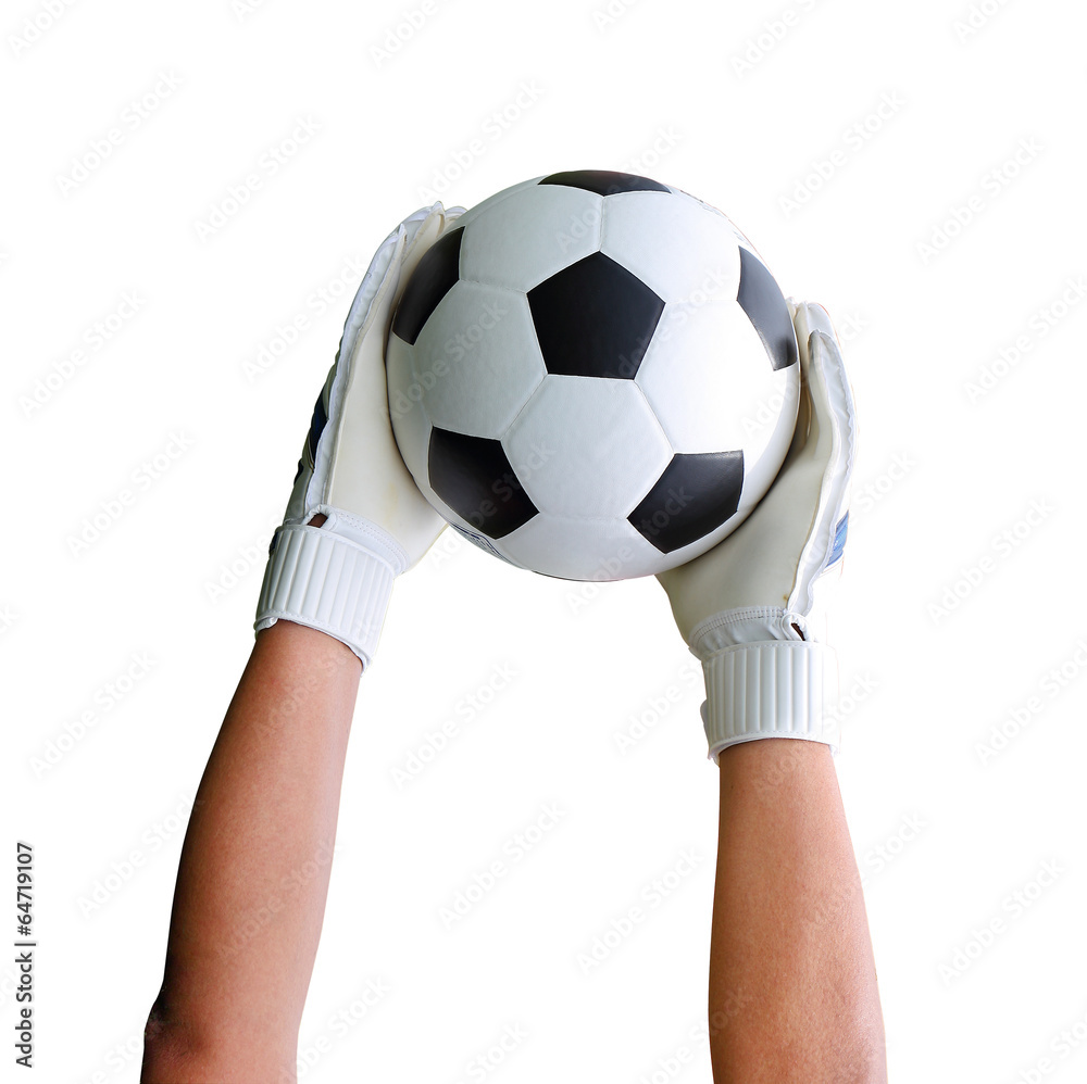 Goalkeeper's hands catching soccer ball on white background path Stock ...