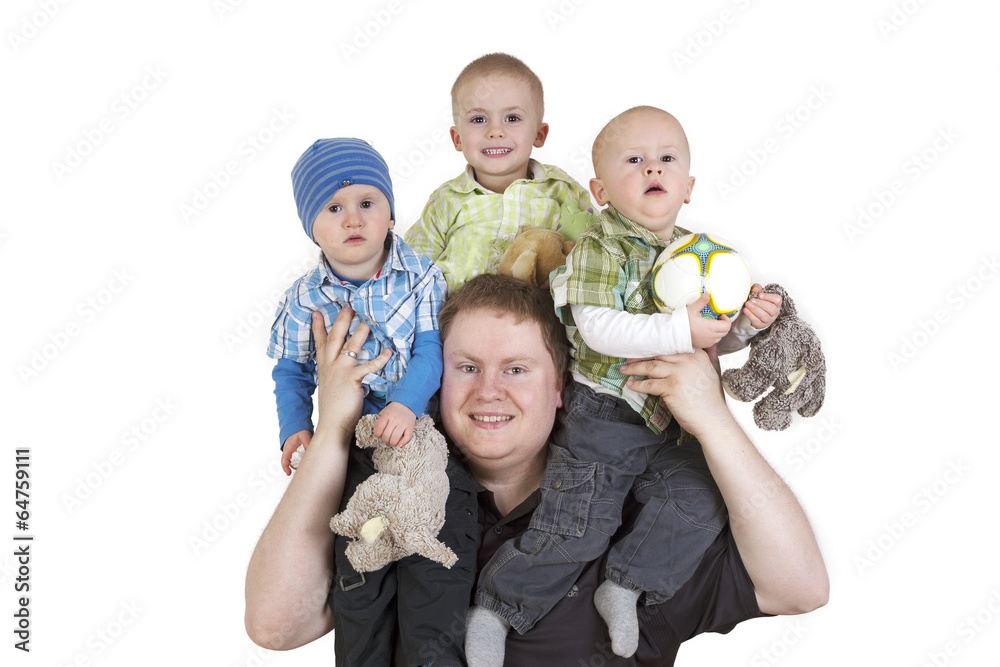 Father carrying his three children on shoulders Stock Photo | Adobe Stock