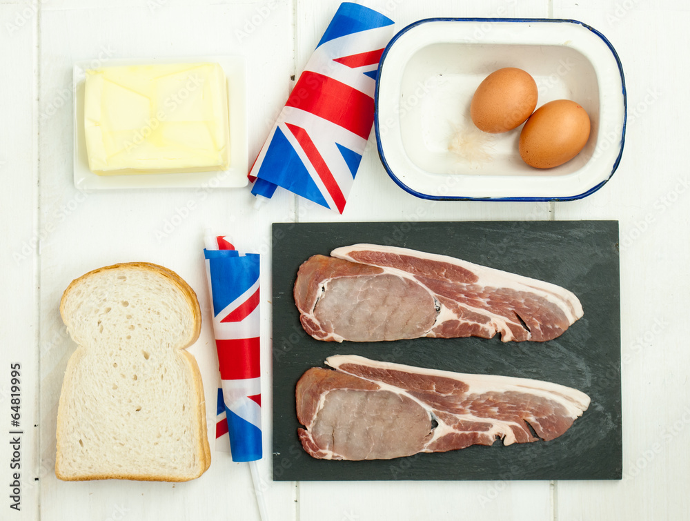 egg and bacon sandwich ingredients with british flag Stock Photo ...