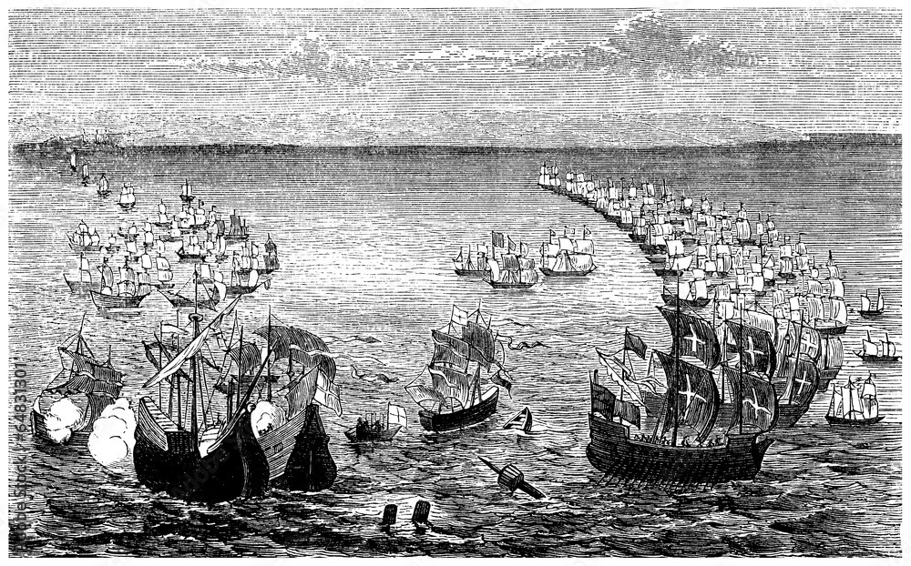 The Spanish Armada vs the English Fleet - 16th century Stock ...