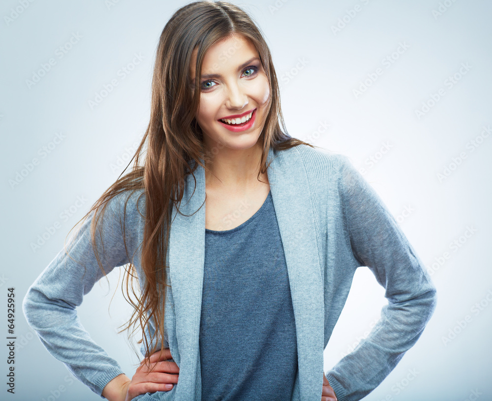 Casual style young woman posing on isolated studio background. Stock ...
