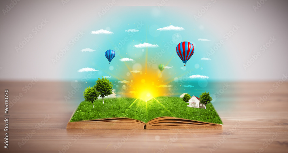 Open book with green nature world coming out of its pages Stock Photo ...