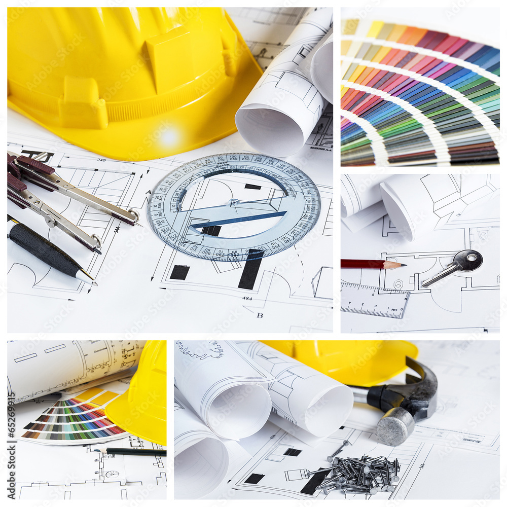 Blueprints and pantone chart, construction collage Stock Photo | Adobe ...
