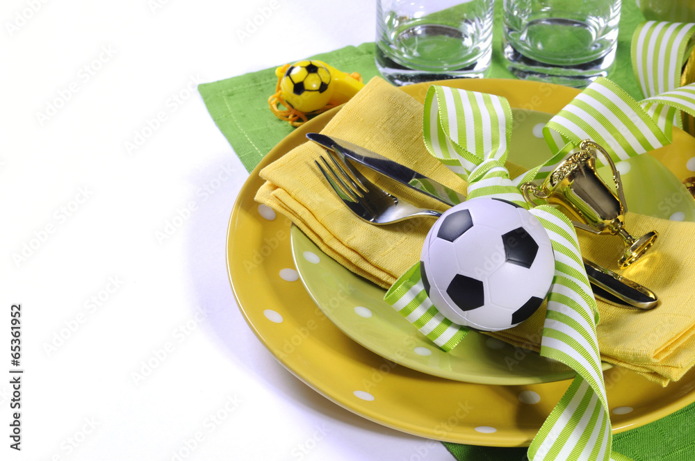 Soccer football party table in yellow and green team colors Stock Photo ...