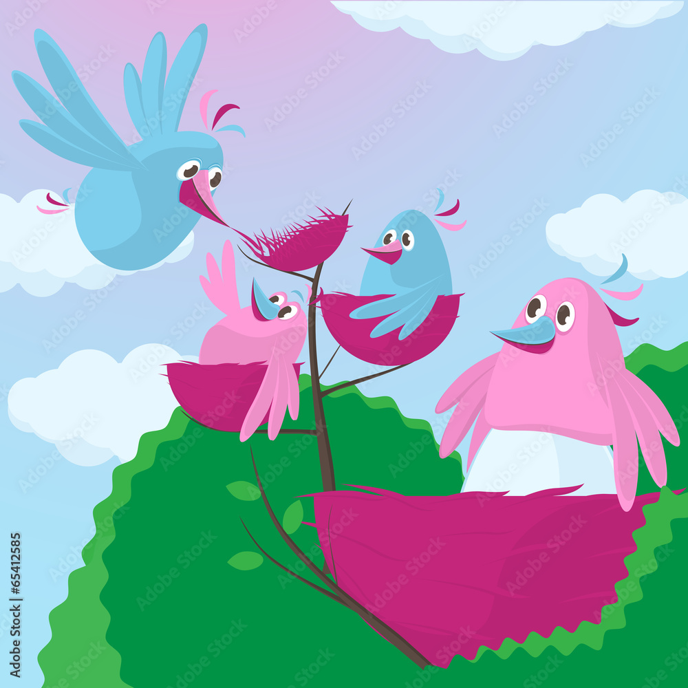 Cute cartoon birds with an expanding family Stock Vector | Adobe Stock
