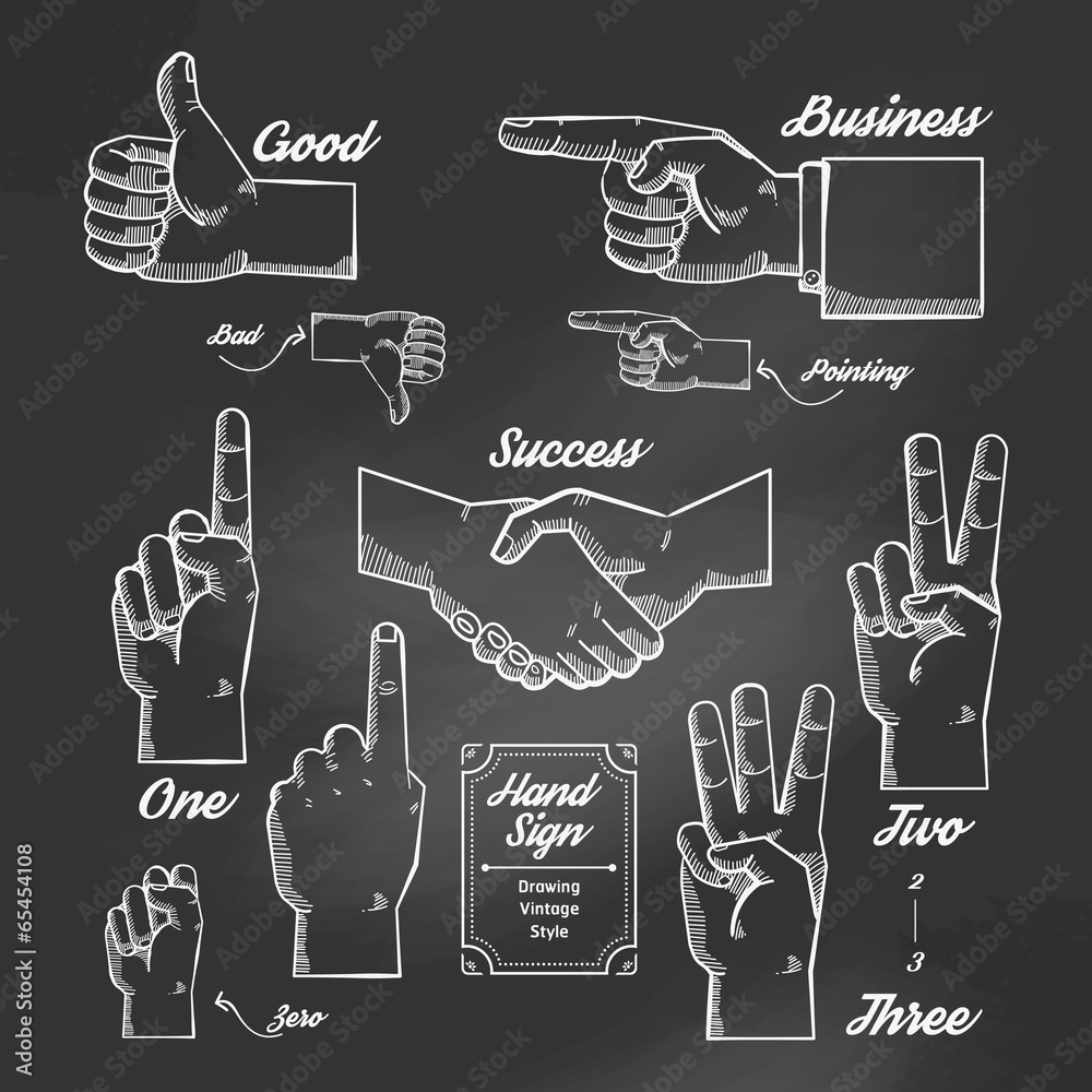 Hand and Finger sign doodle drawn on chalkboard background. Stock ...
