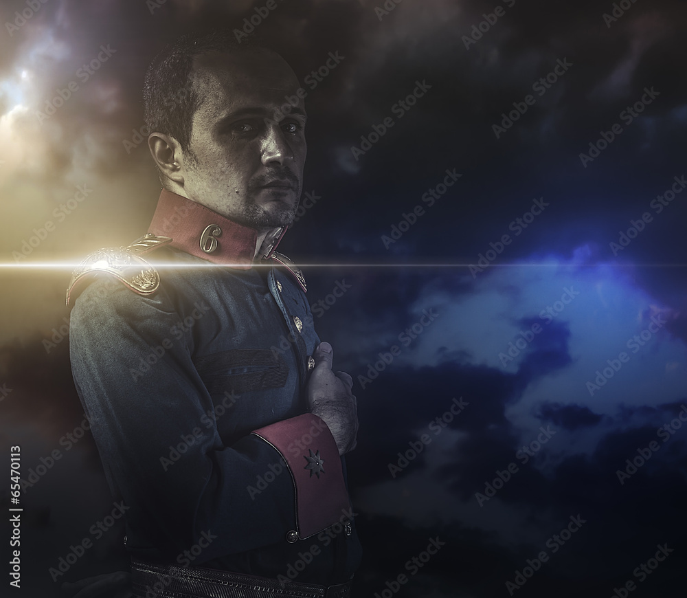 general, military dressed with coat war on cloud Background Stock Photo ...