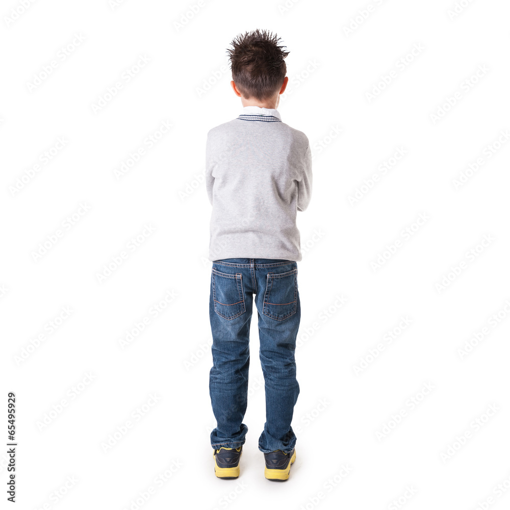 Full body portrait of eight year kid from behind against white b Stock ...