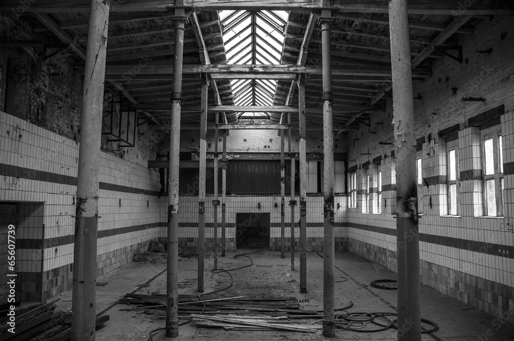 Black and white picture of the inside of an old slaughterhouse where ...