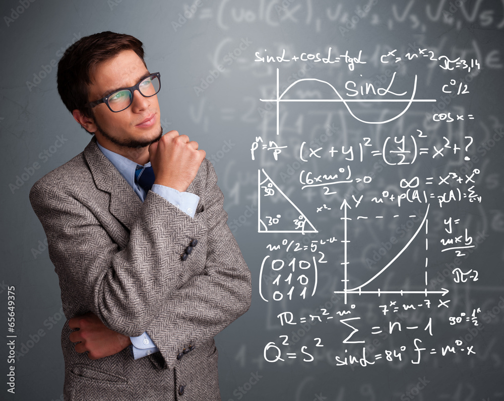 Handsome school boy thinking about complex mathematical signs Stock ...