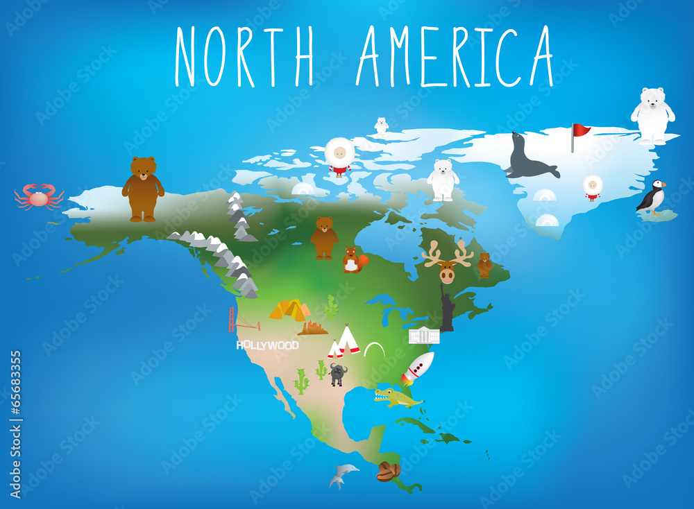 north america map for childrens using cartoons of animals and fa Stock ...
