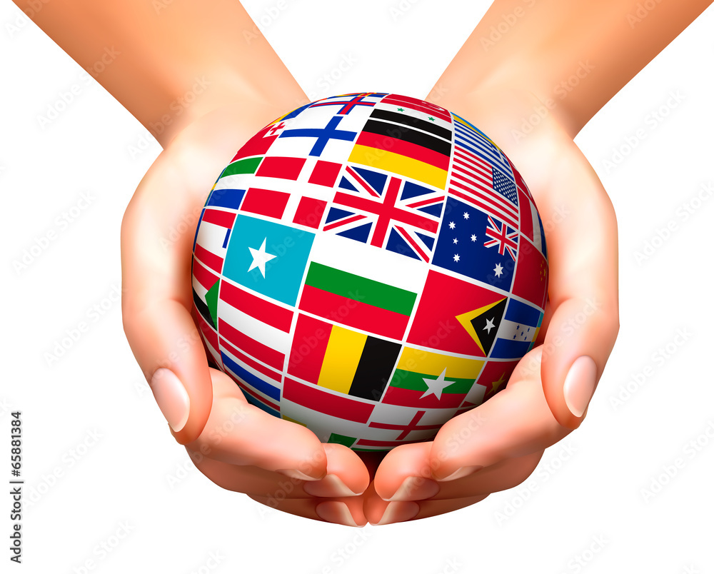 Flags of the world in globe and hands. Vector illustration. Stock ...
