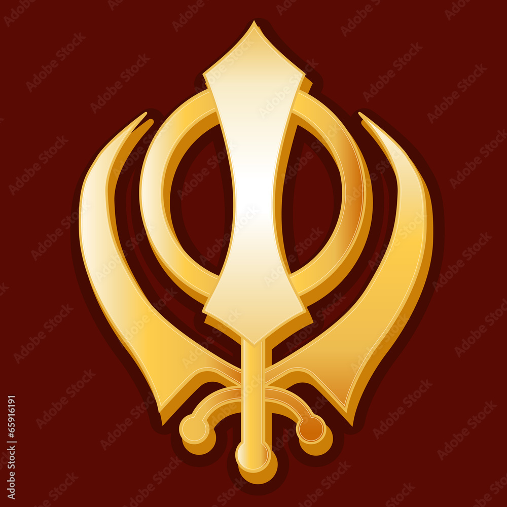 Sikh Khanda, gold symbol of Sikh faith on crimson red background Stock ...