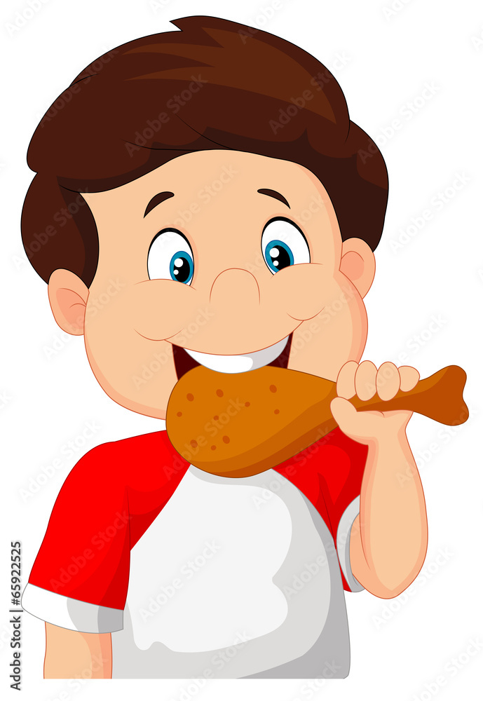 Cartoon boy eating fried chicken. vector de Stock | Adobe Stock