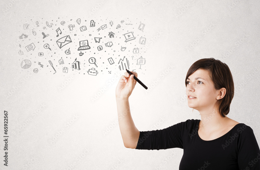 Young woman drawing and sketching icons and symbols Stock Photo | Adobe ...