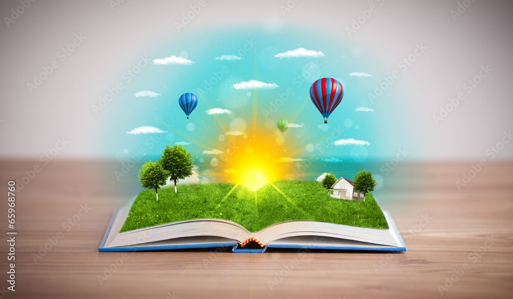 Open book with green nature world coming out of its pages Stock Photo ...