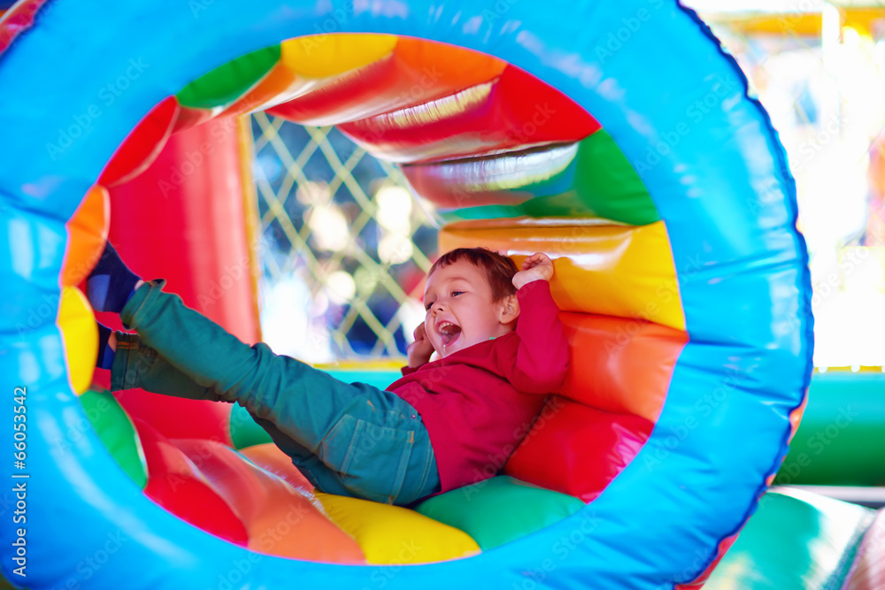 happy kids playing on inflatable attraction playground Stock Photo ...