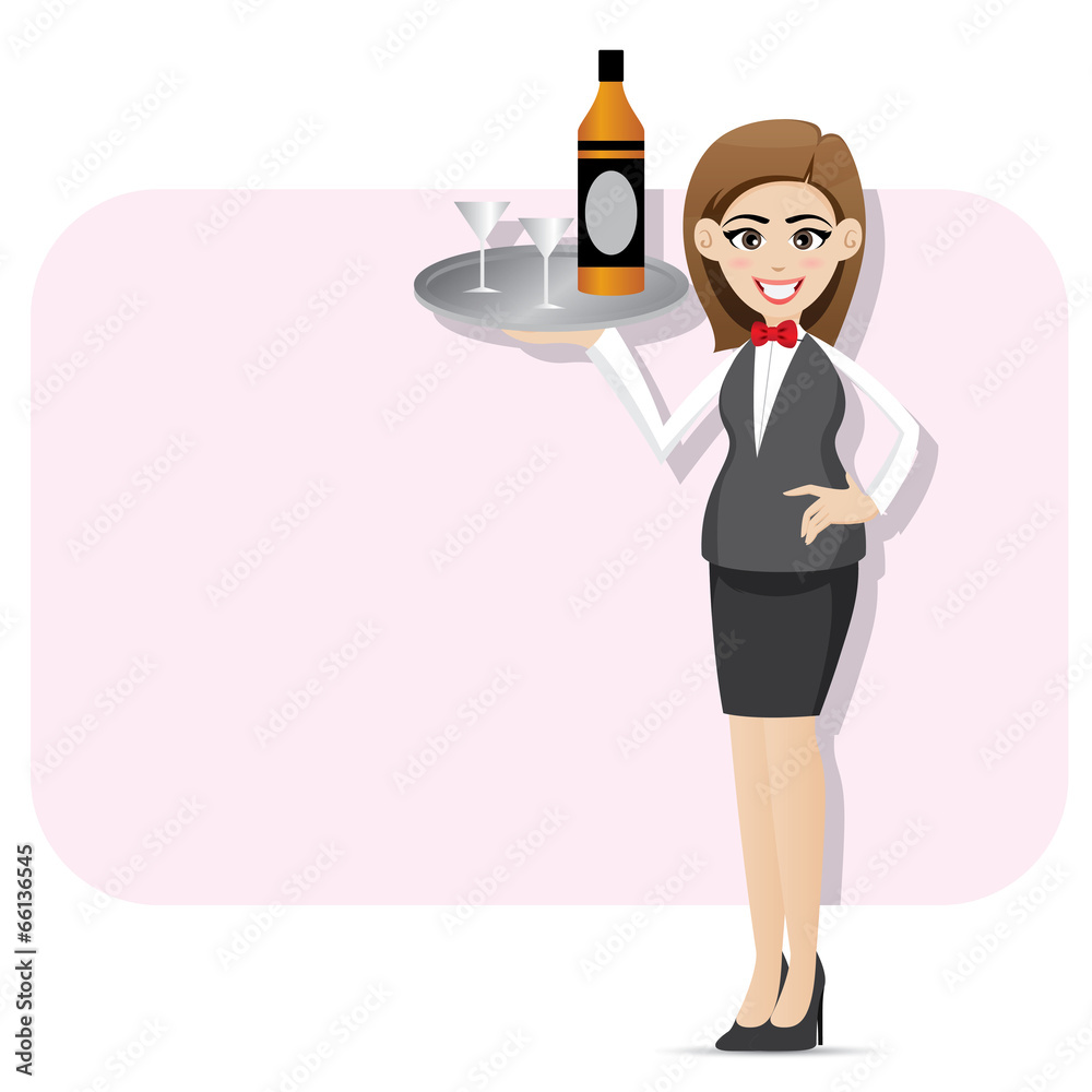 cartoon waitress serving alcohol with tray Stock Vector | Adobe Stock