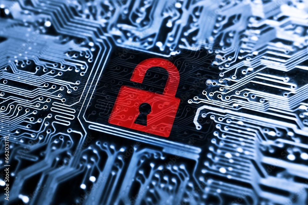 Hacked symbol on computer circuit board with open red padlock Stock ...