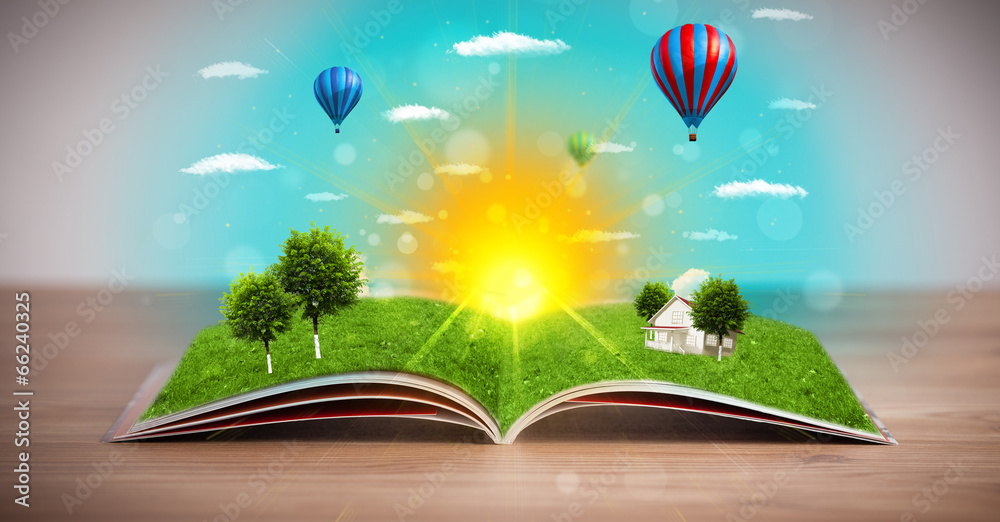 Open book with green nature world coming out of its pages Stock Photo ...