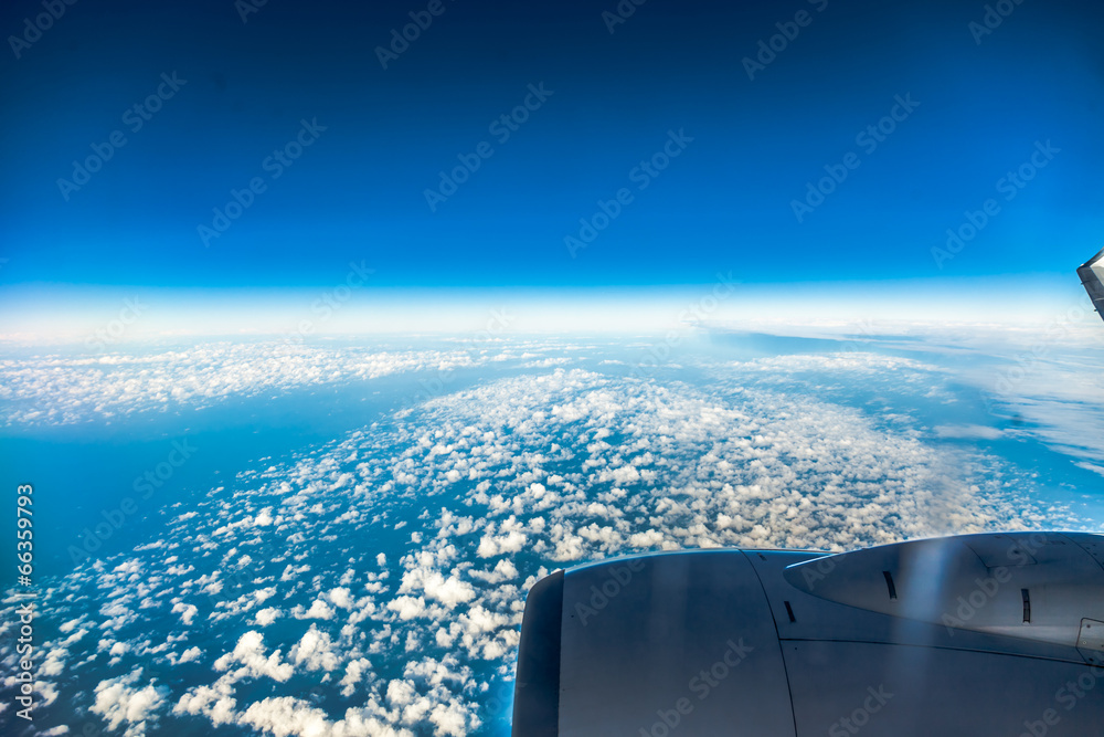 Sky. View from window of airplane flying in clouds Stock Photo | Adobe ...