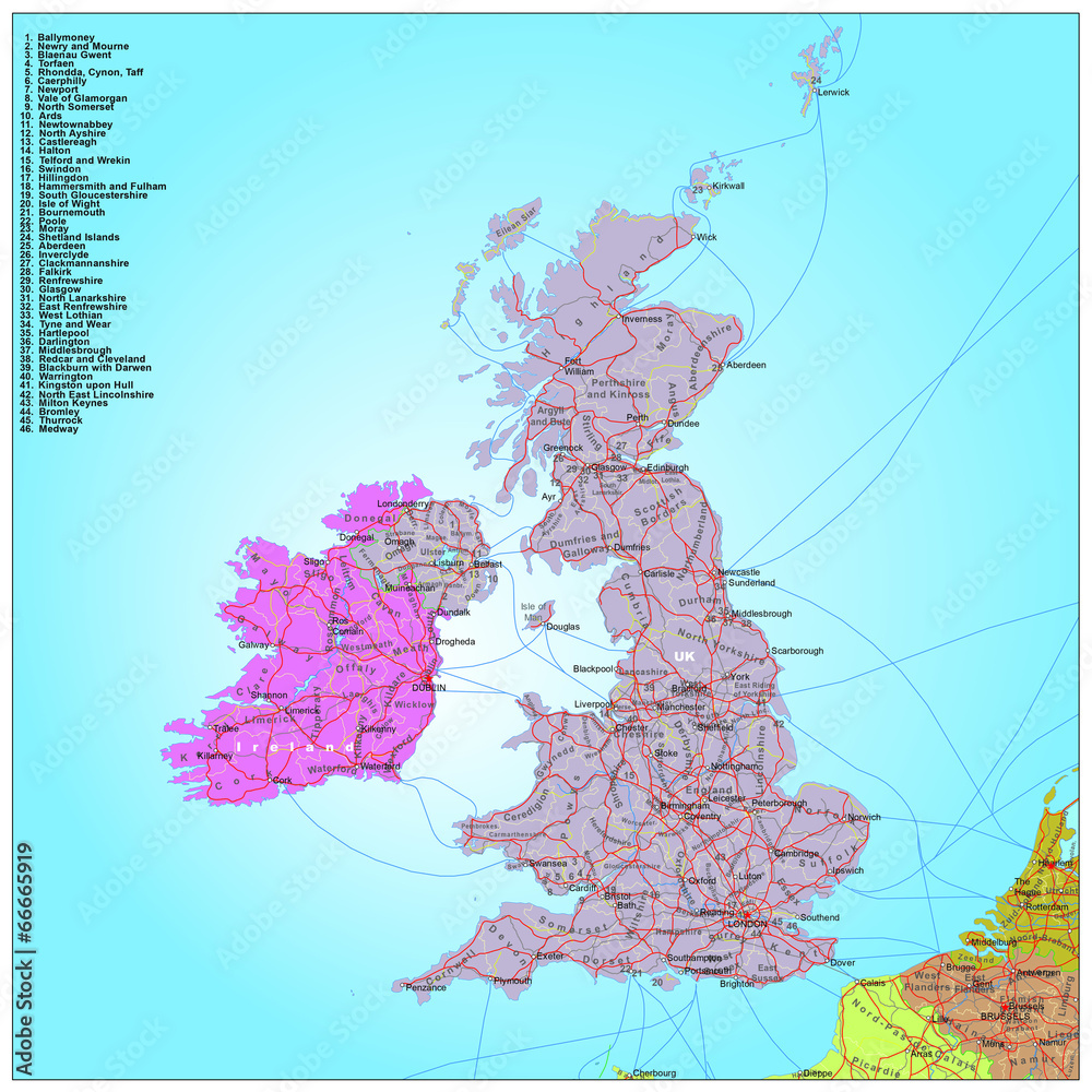 Road and administrative map of UK and Ireland Stock Vector | Adobe Stock