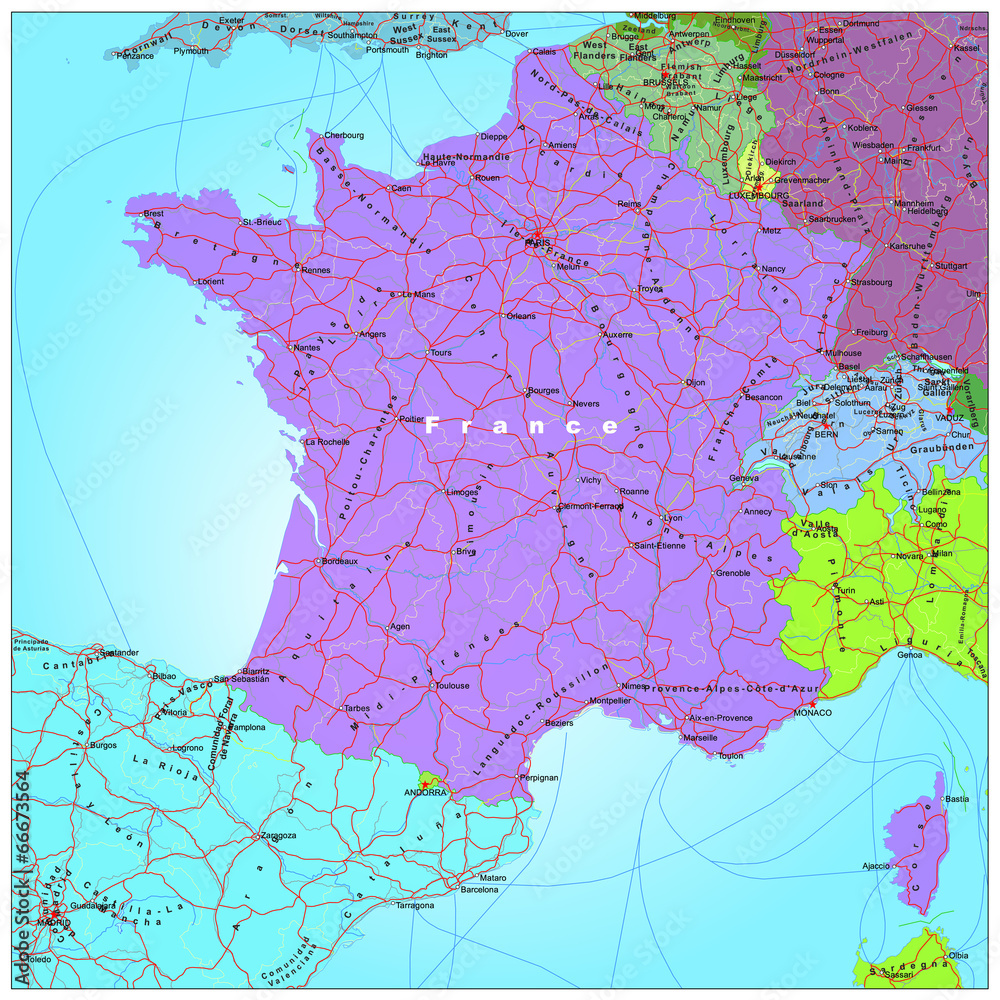 Road and administrative map of France Stock Vector | Adobe Stock