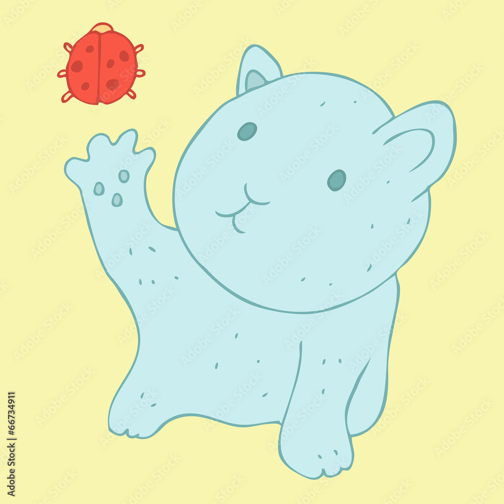 cute cartoon blue cat playing with ladybug vector illustration Stock ...
