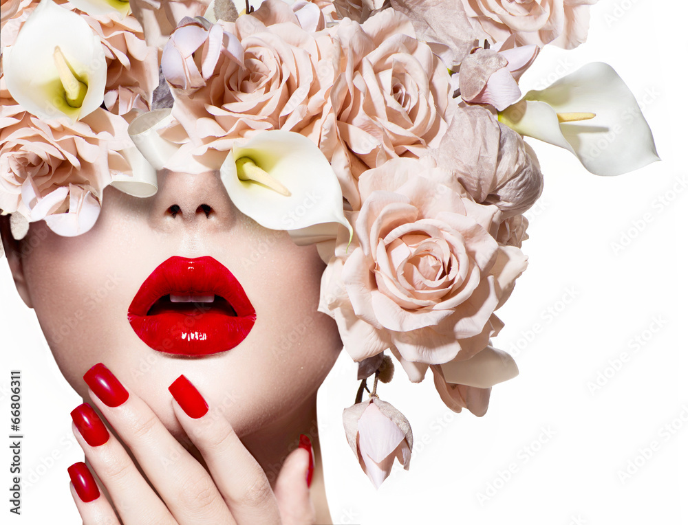Vogue style model girl face with roses. Red Sexy Lips and Nails. Stock ...