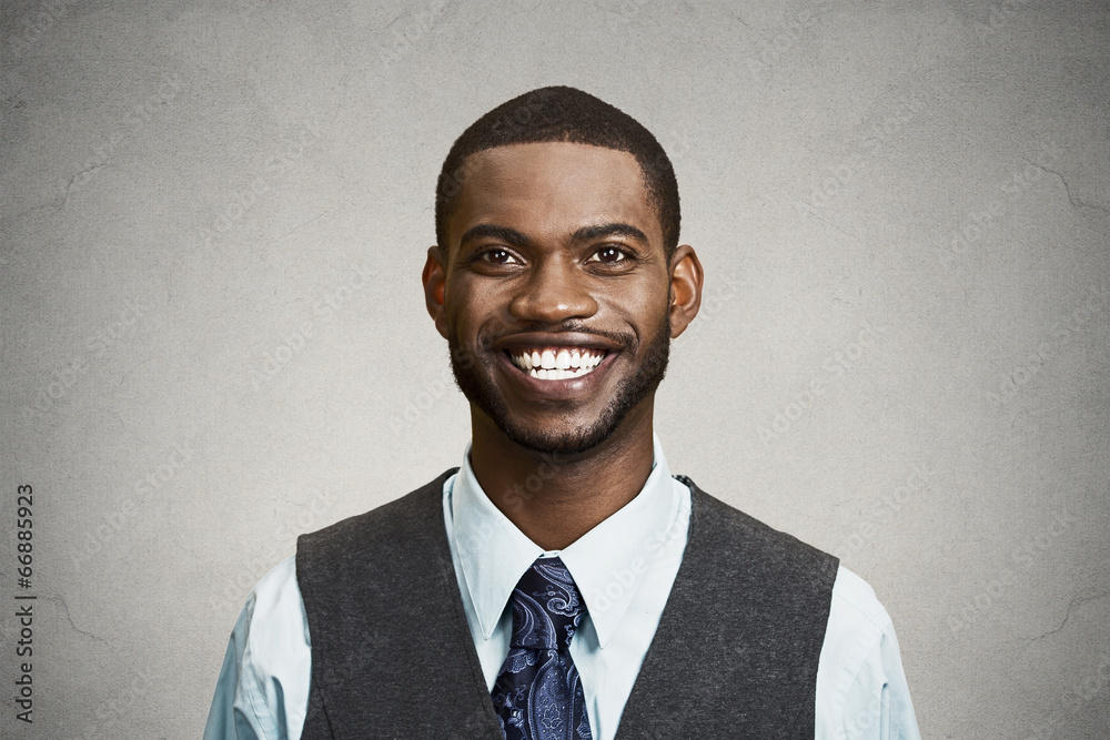 Portrait happy, smiling corporate executive grey wall background Stock ...