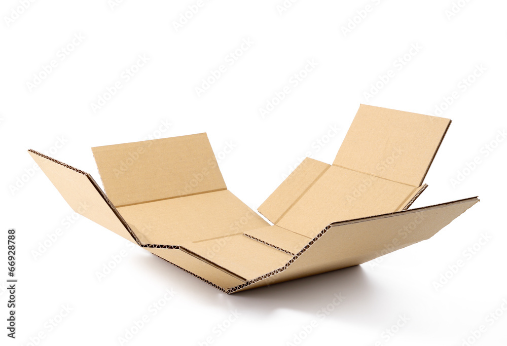 Cardboard corrugated box open, as in an exploded view, to show its ...
