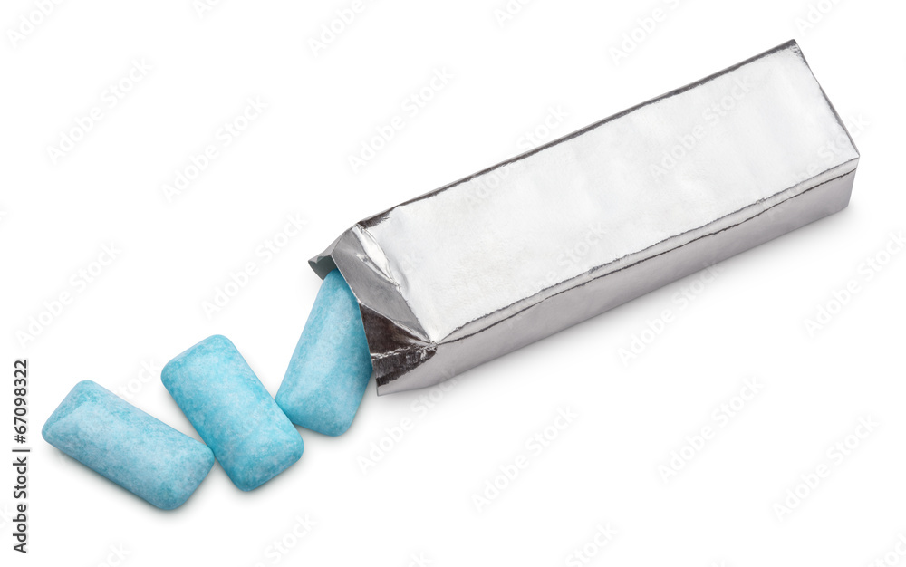 Poster Blue chewing gum package isolated on white with clipping path ...