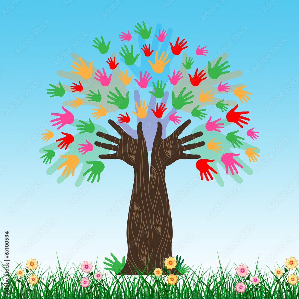 Handprints Tree Shows Hands Together And Artwork Stock Illustration ...
