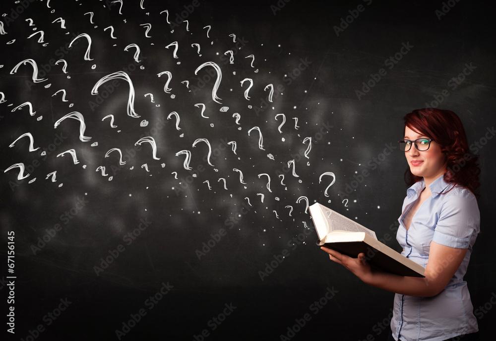 Pretty woman reading a book with question marks coming out from Stock ...