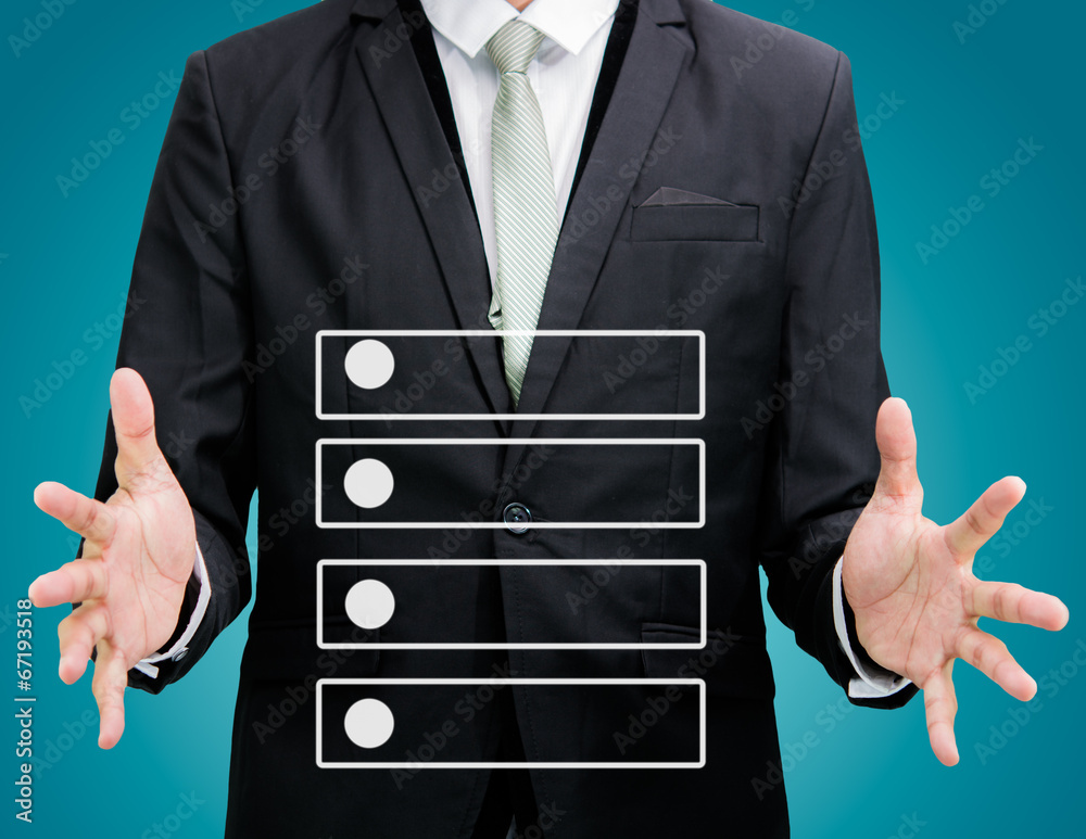 Businessman standing posture hand holding strategy flowchart iso Stock ...