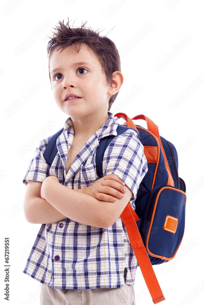 Pensive school kid looking up, isolated on white background Stock Photo ...