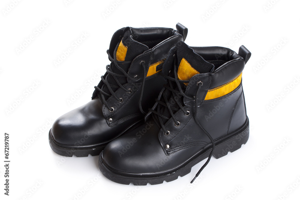 The high work black leather boots on white background Stock Photo ...