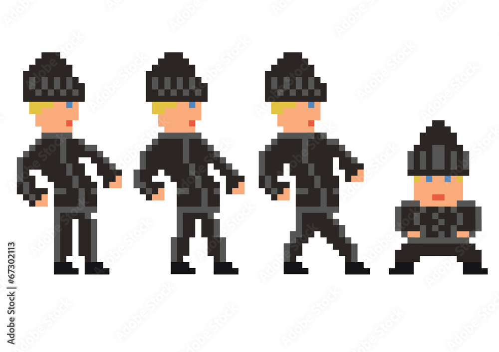 pixel art set of bandit in black clothes walking sprite, four fr Stock ...