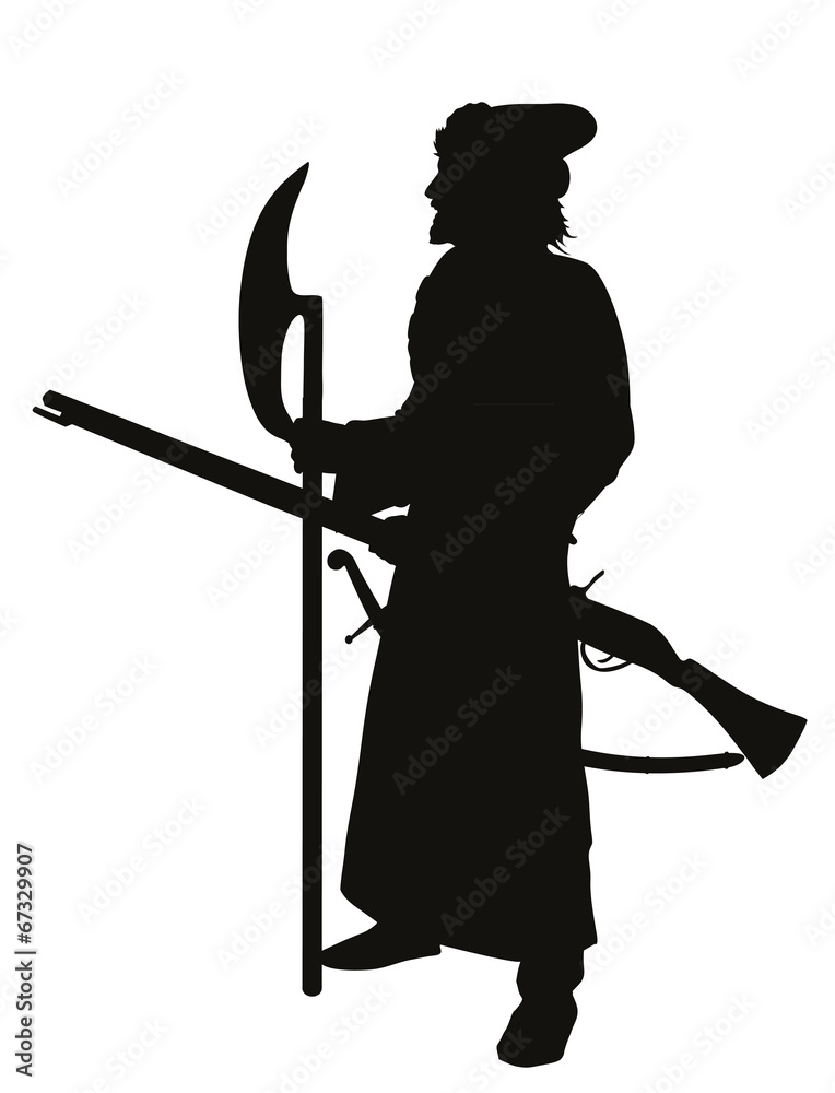 Antient soldier with axe and musket. Detailed vector silhouette ...