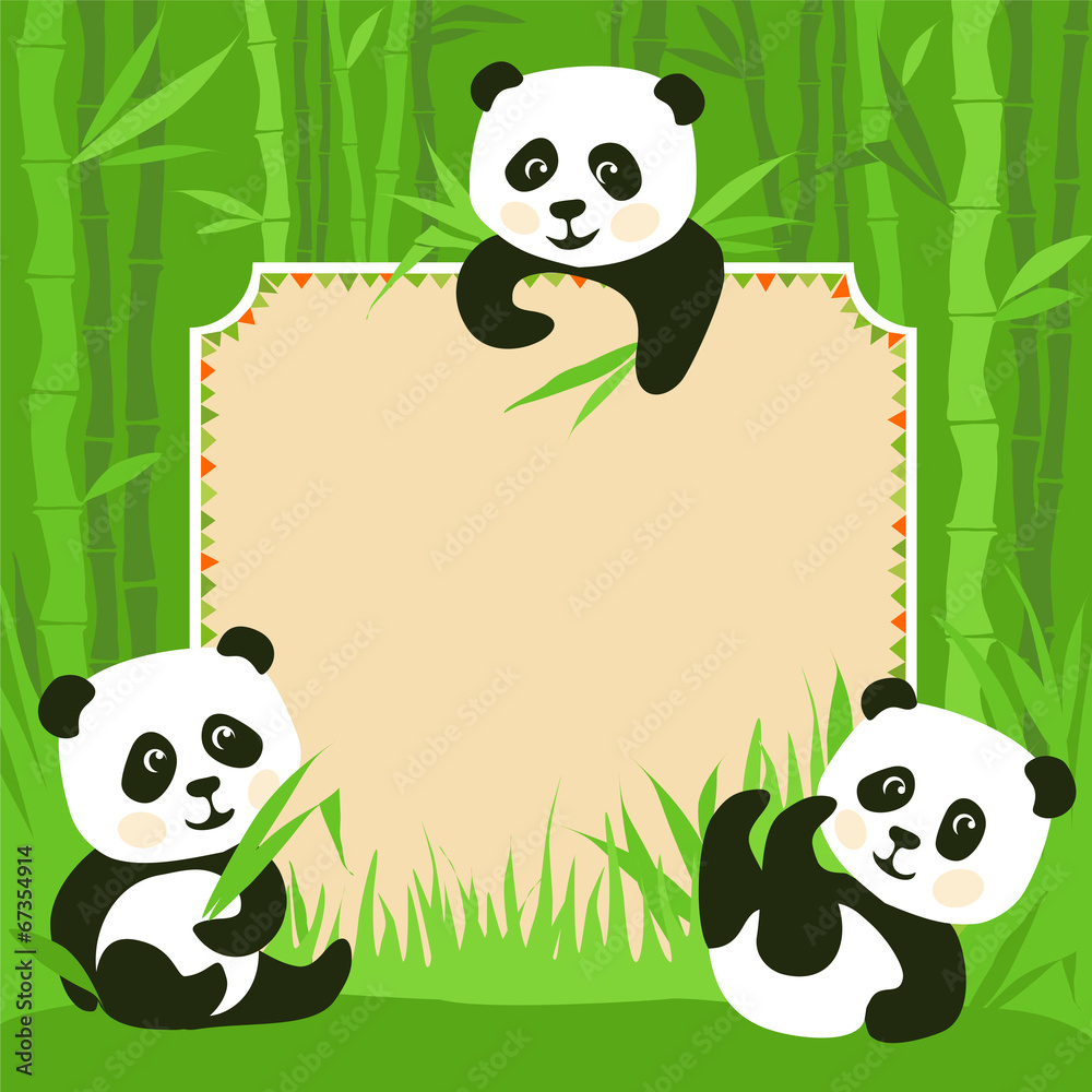 Cartoon frame - bamboo & three little pandas illustration Stock Vector ...