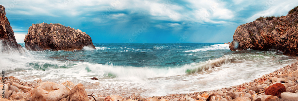 panoramic photo of storm in the rocky beach Stock Photo | Adobe Stock