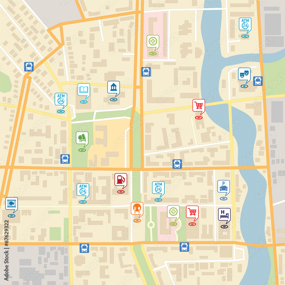 Vector city map with pin location pointers Stock Vector | Adobe Stock