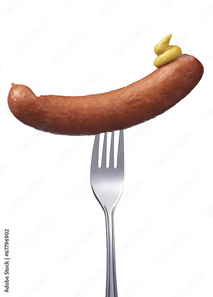 Rindswurst mit Senf auf Gabel Stock-Foto | Adobe Stock