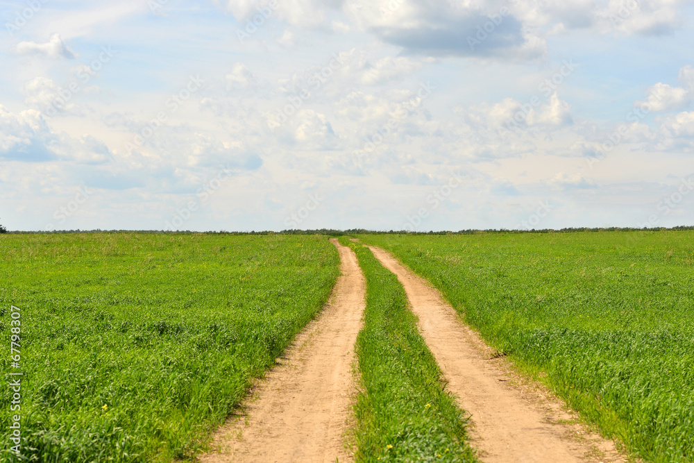 Green grass, road and clouds Stock Photo | Adobe Stock