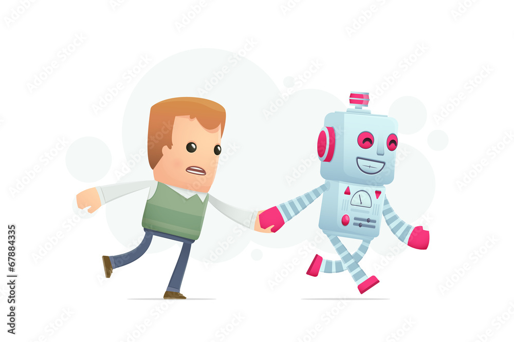 robot runs with a man Stock Vector | Adobe Stock