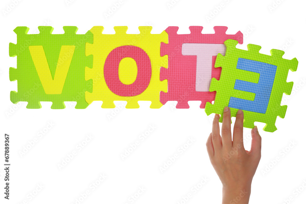 Hands forming word "Vote" with jigsaw puzzle pieces isolated Stock ...