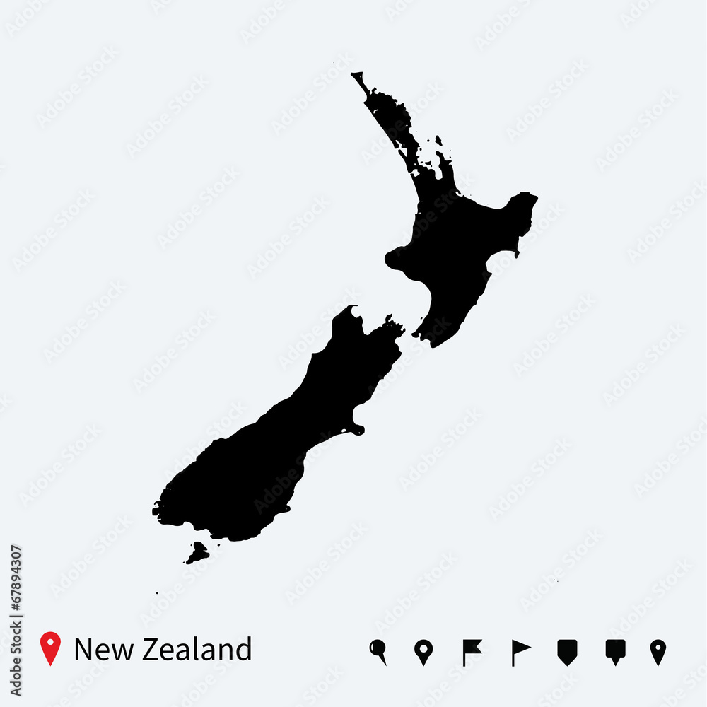 High detailed vector map of New Zealand with navigation pins. Stock ...