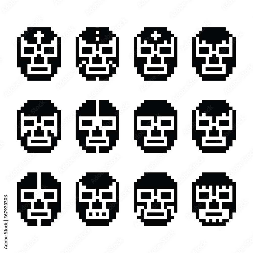 Lucha Libre, luchador pixelated Mexican wrestling masks Stock Vector ...